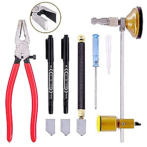 Wokape 11Pcs Glass Cutter Tool Kit, Circular Glass Cutter and Curve Jaw Glass Running Pliers with Rubber Tips, Pencil Oil Feed Carbide Tip Glass Cutter, 2Pcs Blades with Oil Dropper and Screwdrive