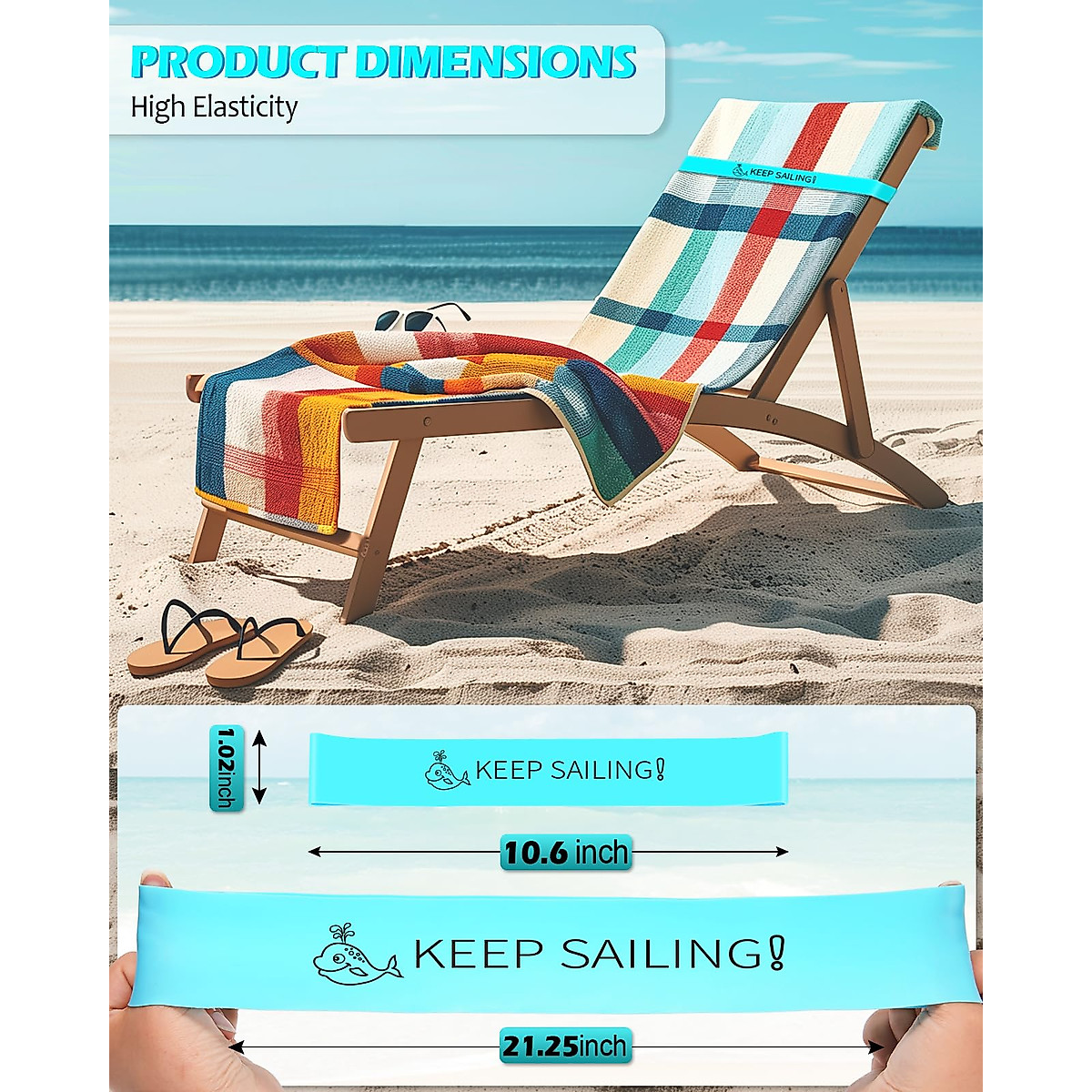 Beach Towel Bands, Stretch Rubber for Pool & Beach Chairs, Extra Durable, No Snapping, Cruise Ship & Beach Travel Essentials, Great Alternative to Beach Towel Clips (6 Pack)