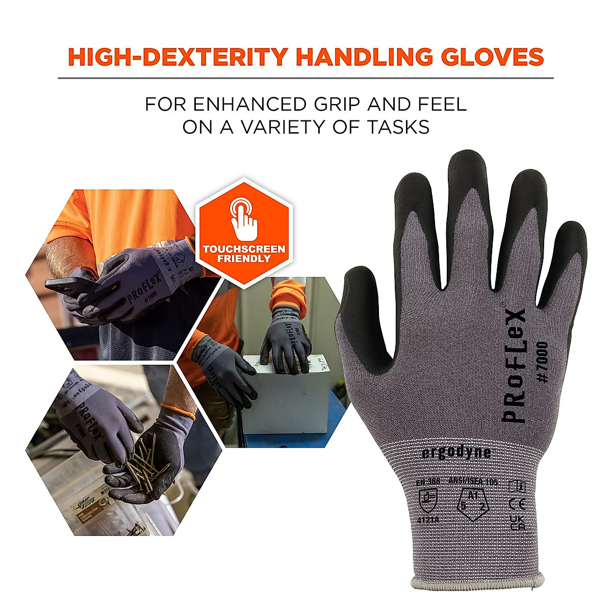 Ergodyne ProFlex 7000 Nitrile Coated Work Gloves, Foam Nitrile Palms for Flexible No Slip Grip, Abrasion Resistant, 15g, Touchscreen Capable, Gray, Medium
