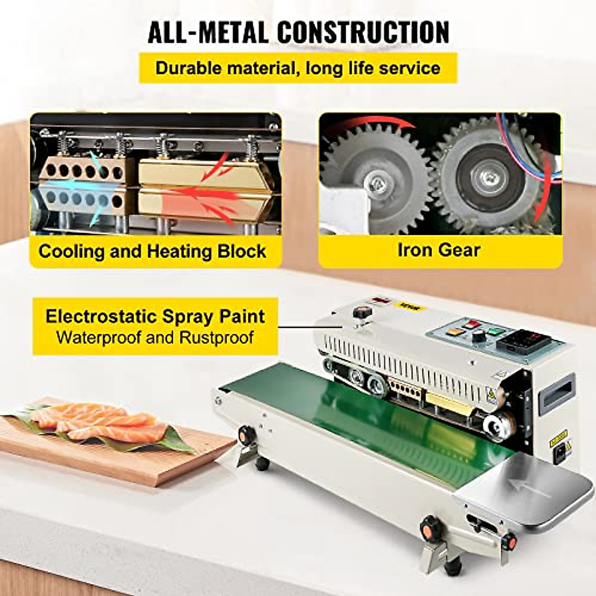 VEVOR Continuous Bag Band Sealing Machine FR900K Band Sealer Machine with Digital Temperature Control Horizontal Bag Sealer for 0.02-0.08 mm Plastic Bags Continuous Band Sealer w/ Printing Function