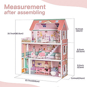ROBUD Wooden Dollhouse with Elevator 20pcs Furniture 3-Storey Preschool Toy Dollhouse for Kids Girls