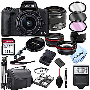 Canon EOS M50 Mark II Mirrorless Digital Camera with 15-45mm Zoom Lens Lens + 128GB Card, Tripod, Case, and More (24pc Bundle) (Renewed)