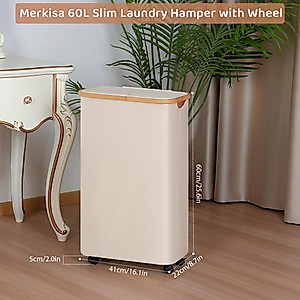 Merkisa 60L Slim Laundry Basket with Wheels,Narrow Hampers for Laundry,Freestanding Laundry Hamper with Lid&Bamboo Handles,Collapsible & Waterproof Tall Cloth Hamper for Dorm Family(Beige)