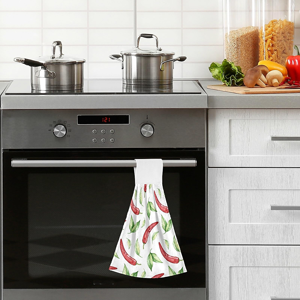 Kcldeci Hand Towels for Kitchen Red Hot Chili Pepper Hanging Tie Towels and Dishcloths Sets with Loop 2 Piece Sets