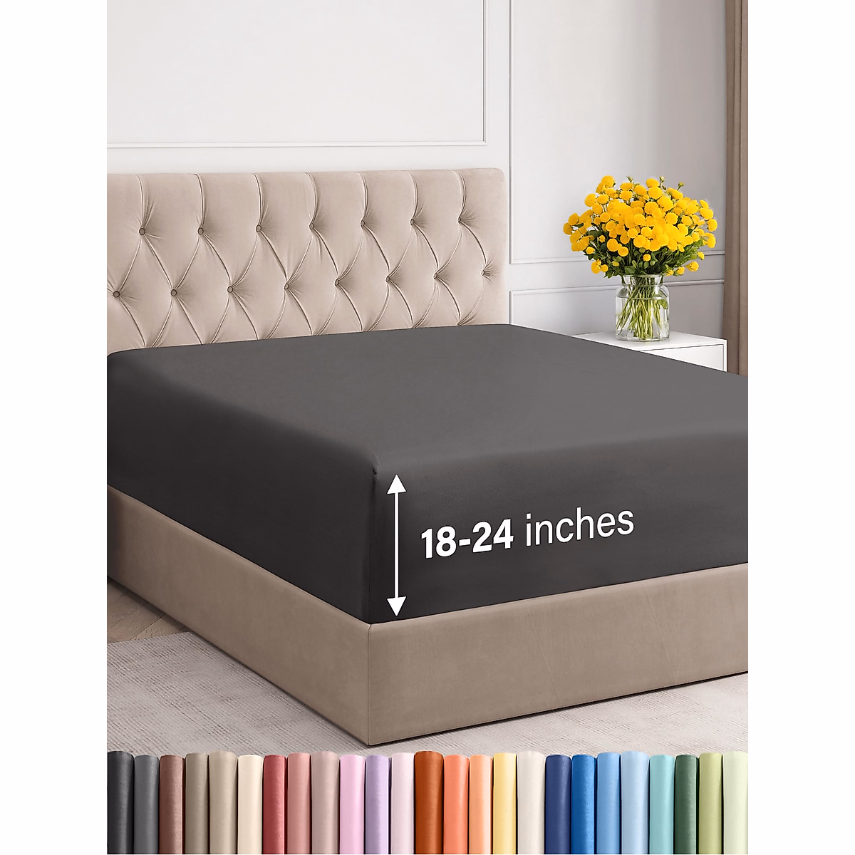 Extra Deep Full Fitted Sheet - Hotel Luxury Single Fitted Sheet Only - Easily Fits 18 inch to 24 inch Mattress - Ultra Soft, Wrinkle & Fade Free w/Extra Deep Pockets - Breathable & Comfy - Charcoal