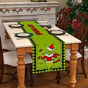 FARMNALL Linen Green Christmas Table Runner Merry Grinchmas Tablecloth Christmas Xmas Winter Holiday Home Kitchen Table Decorations 13x72 Inch