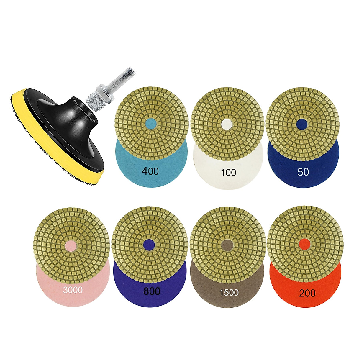 Performore Diamond Polishing Pads 4 Inch Diameter Wet/Dry Pads 8-Pack, 7 Pads with Varying Grit (#50-#3000) and 1 Backer Pad, Includes Drill Adapter for Stone Granite Marble or Concrete