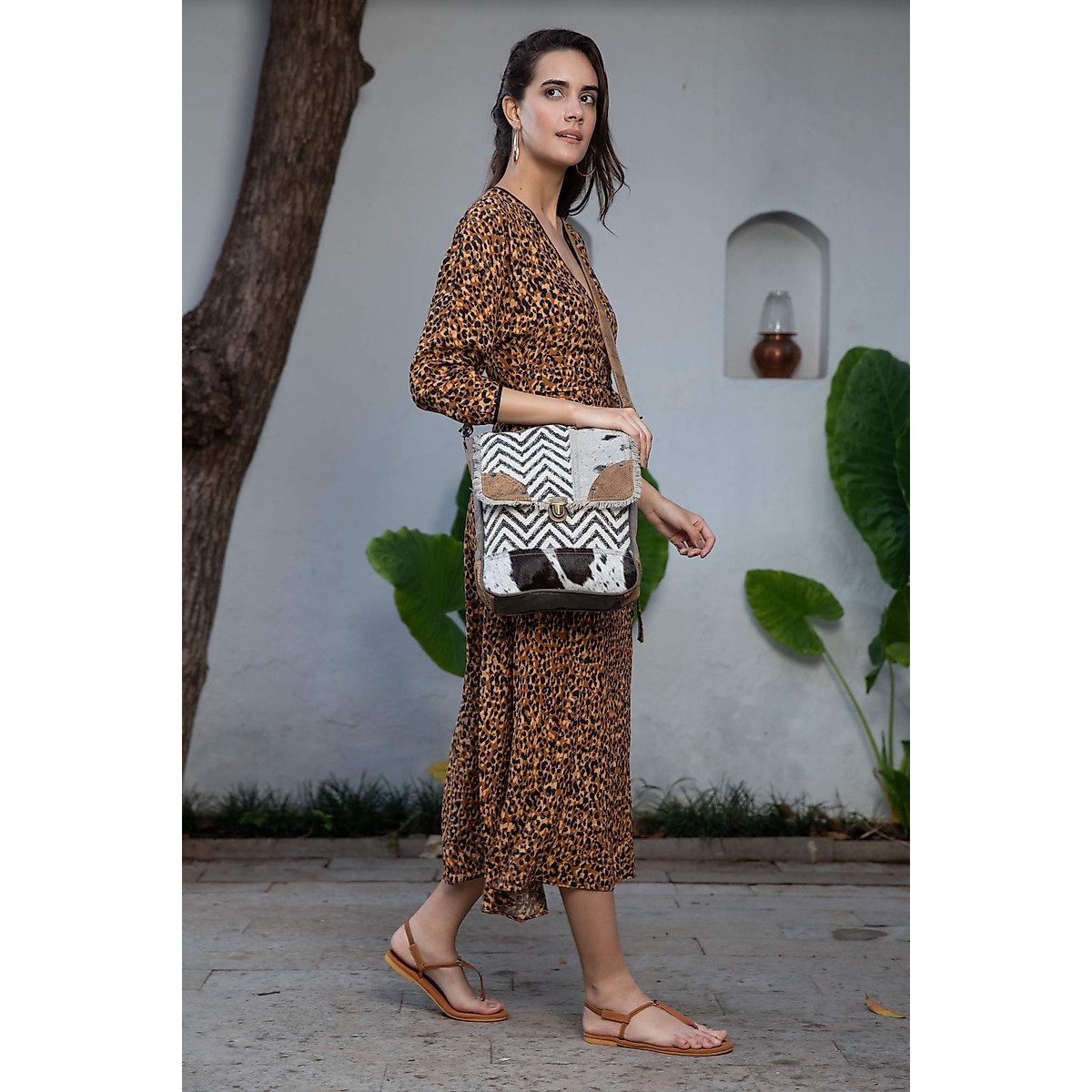 Myra Bag Rug & Patches Upcycled Canvas & Cowhide Shoulder Bag S-1370