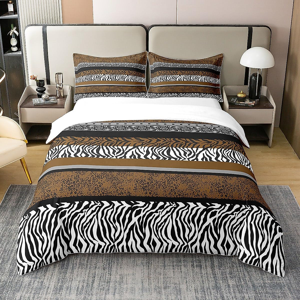 Zebra Texture 100% Natural Cotton Duvet Cover Full Dark Leopard Bedding Set for Kids Youth Adults Rustic Paisley Comforter Cover Bohemian Exotic Brown Bed Sets with 2 Pillowcases Soft