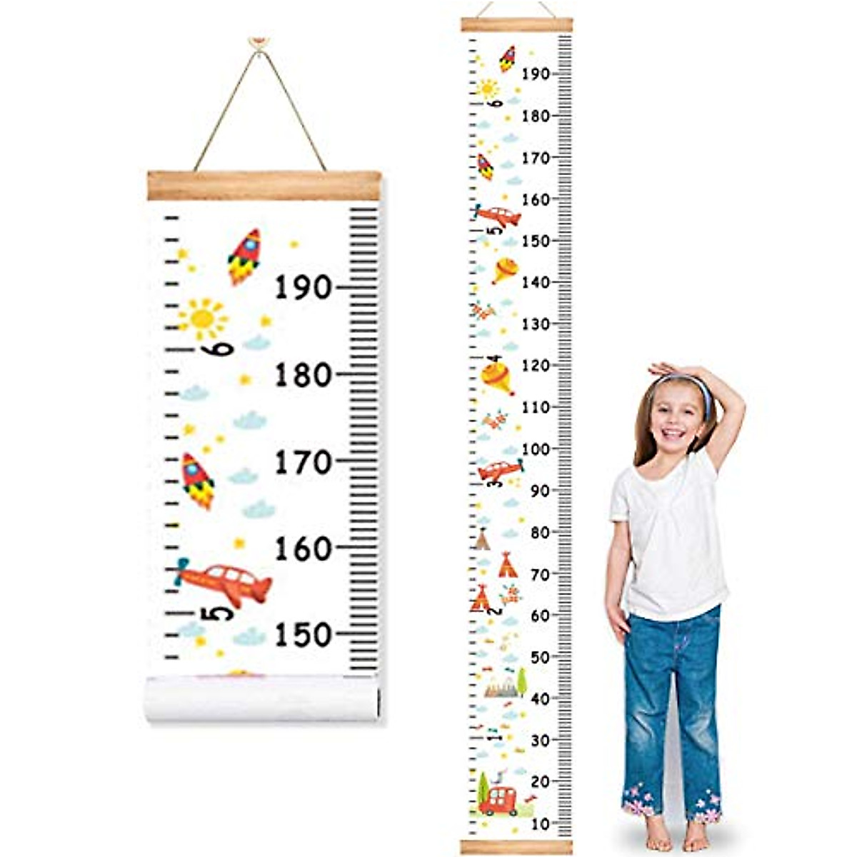 Airror Baby Growth Height Chart, Child Height Ruler, Canvas and Wood Composed of Removable Wall Ruler, Wall Decor (Cartoon Patterns)