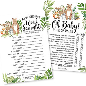 25 Woodland Animal Matching, 25 Nursery Rhyme Game, 25 Word Scramble For Baby Shower, 25 True Or False Game, 25 Who Knows Mommy Best, 25 Baby Prediction And Advice Cards - 6 Double Sided Cards