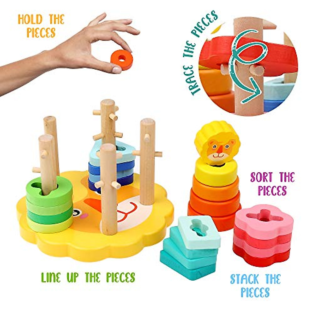 Boxiki kids 27 PCS Montessori Toys for 1 to 3 Year Old Boys Girls Toddlers, Wooden Shape Sorter & Stacking Toys, Color Recognition Stacker, Baby Puzzles Gift