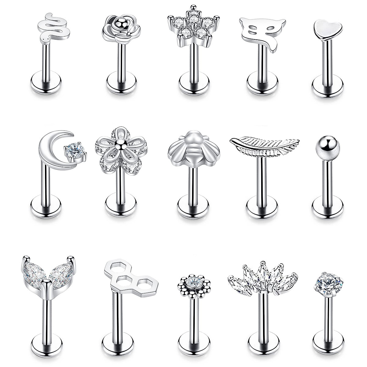 NICEIGHT 15PCS 16G 316L Stainless Steel Cartilage Earring Stud Internal Thread CZ Flower Moon Labret Studs Tragus Helix Monroe Piercing Jewelry Silver