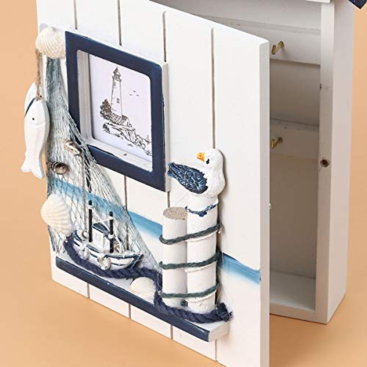 Hemoton Mediterranean Style Key Cabinet Wood Nautical Style Wall Mounted Wooden Key Holder Storage Box Cabinet Style 2