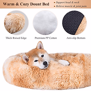 VIVAGLORY Plush Dog Bed, Fluffy Pet Bed, Self-Warming Dog Cat Calming Bed with Removable Middle mat, Suitable for Cat & Tiny Dog, Gradient-Beige