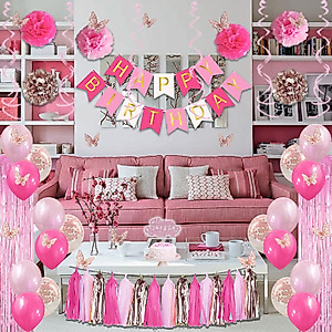 GoExquis Hot Pink Rose Gold Birthday Decorations for Women Girls Butterfly Decor Cake Topper Hanging Swirls Foil Curtain Tassel Garlands Paper Pom Poms Happy Birthday Banner Balloons