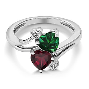 Gem Stone King 925 Sterling Silver Green Nano Emerald Red Rhodolite Garnet and White Diamond Ring For Women (1.45 Cttw, Heart Shape 6MM, Gemstone May Birthstone, Available In Size 5, 6, 7, 8, 9)