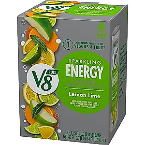 V8 +Energy Sparkling Lemon Lime Juice Energy Drink, 11.5 fl oz Can (4 Pack)