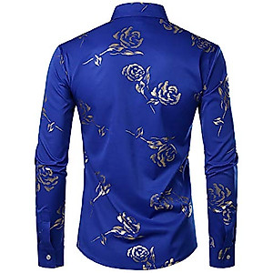 ZEROYAA Mens Hipster Gold Rose Printed Slim Fit Long Sleeve Dress Shirts/Prom Performing Shirts Z56 Blue XX-Large
