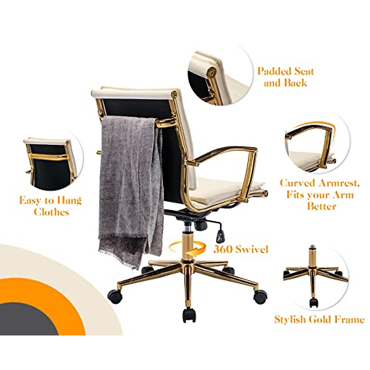 CIMOTA Leather Office Chair Comfortable Mid-Back Gold Office Desk Chair with Wheels and Arms Gold Frame Modern Ergonomic Conference Task Chair Swivel Chair for Teens Adults, PU Beige