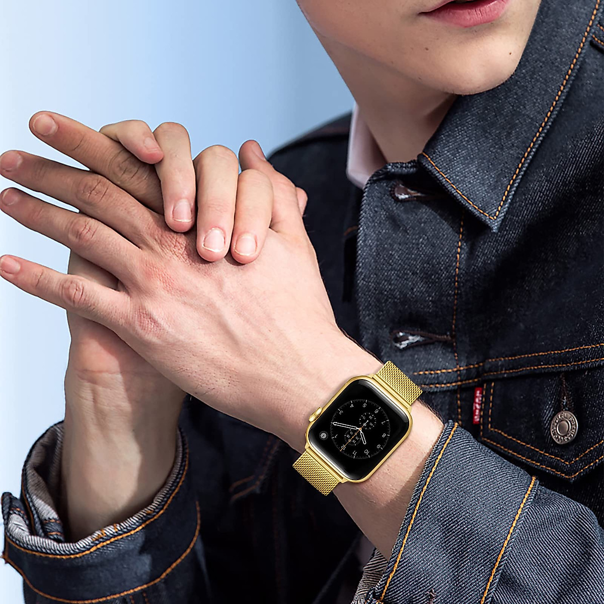 ZXCASD Metal Bands Compatible with Apple Watch Band 38mm 40mm 41mm Women Men,Gold Loop Adjustable Mesh Strap for iWatch Series 9 8 7 6 5 4 3 2 1 SE