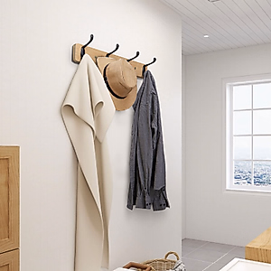 JSVER Wall Mounted Coat Rack Wooden Coat Hooks for Wall Hat Hanger Rack with 4 Hooks for Scarf, Bag, Towel, Key, Cap, Entryway, Bathroom, Bedroom, Kitchen