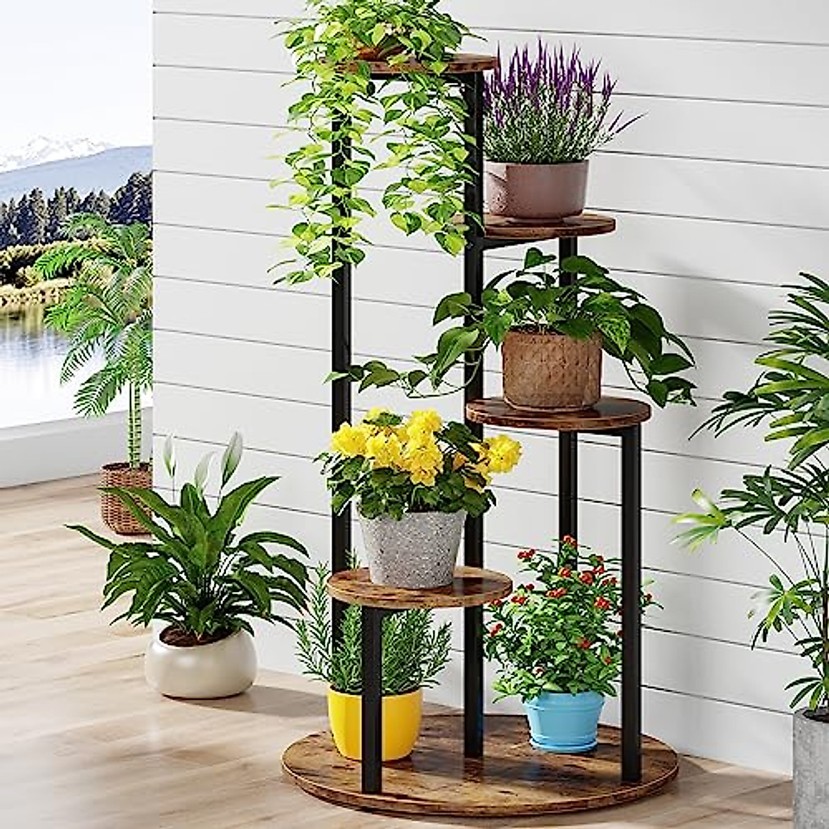 LITTLE TREE 5-Tier Corner Plant Stand, Free Standing Wood Metal Flower Rack Pot Shelf Display with Round Board, Garden Patio Balcony Plant Holder for Indoor Outdoor Living Room, Bedroom, Rustic Brown