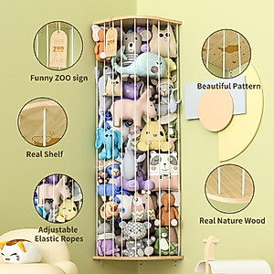Eniffbaa Stuffed Animal Storage for Plushie Toys - Large Wood Corner Hanging Pet Storage with Sky Pattern, Length Adjustable Toy Organizer Shelf for Nursery Play Room Bedroom Kid Room