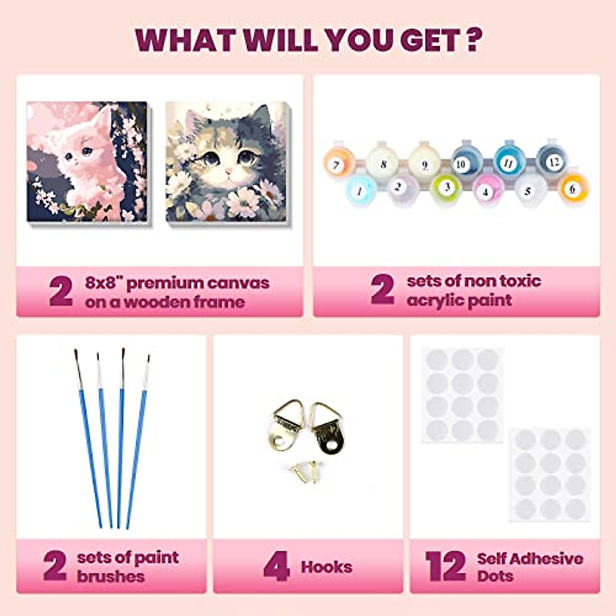 VINDIJA Framed Paint by Number for Adults Beginners - Cat Adult Paint by Number Kits on Canvas, 2 Pack Animals Paint by Numbers, DIY Oil Painting Acrylic Paints for Home Wall Decor Gift, 8x8in