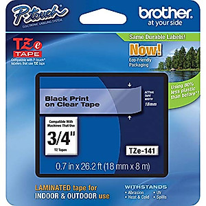 Brother Genuine P-Touch TZE-141 Tape, 3/4" (0.7") Standard Laminated P-Touch Tape, Black on Clear, Laminated for Indoor or Outdoor Use, Water-Resistant, 26.2 ft (8 m), Single-Pack