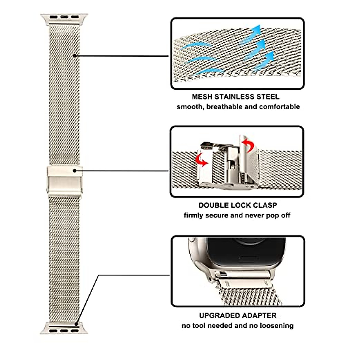 TRUMiRR Band Sets for Apple Watch Series 8 7 41mm Starlight Women, 2 Pack Solid Stainless Steel Watchband + Mesh Strap for iWatch SE Series 8 7 6 5 4 3 2 1 41mm 40mm 38mm