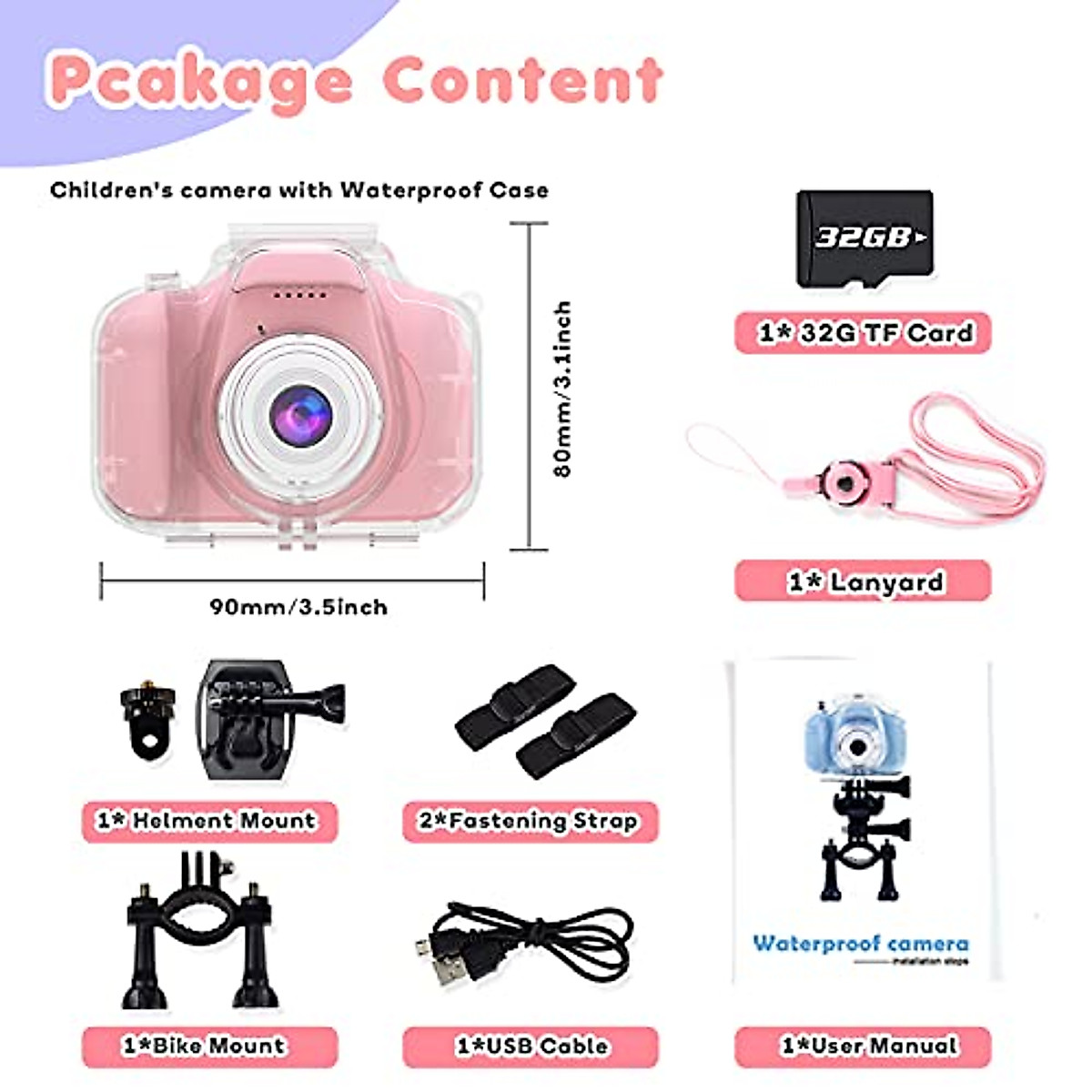 Gifts for 6 7 8 9 10 Year Old Girls Yoophane Kids Waterproof Camera Christmas Birthday Gifts Toddler Action Camera Toys for Girls Age 3-12 Underwater Video Recorder with 32GB SD Card (Pink)