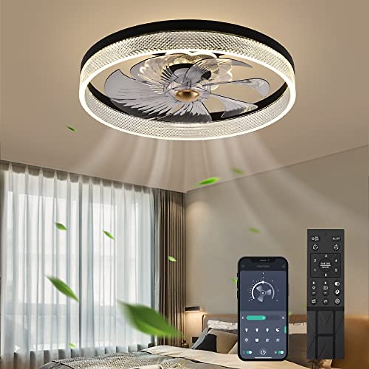 Fszdorj 2023 Upgraded Ceiling Fan F093 Black Ceiling Fans with Lights App & Remote Control, Timing & 3 Led Color Led Ceiling Fan, 6 Wind Speeds Modern Ceiling Fan for Bedroom, Living Room, Small Room