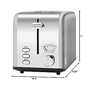 Simple Deluxe Stainless Steel Toaster 2 Slice with 1.5” Wide Slot & Removable Crumb Tray, 5 Shade Options and Bagel/Defrost/Cancel Functions, for Various Bread & Waffle, Retro Silver
