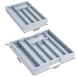 WuGeShop Bamboo Kitchen Drawer Organizer Expandable, Large Flatware Utensil Organizer, Adjustable Silverware Cutlery Tray for Knives, Spoons, Forks (7 Slots, Gray)