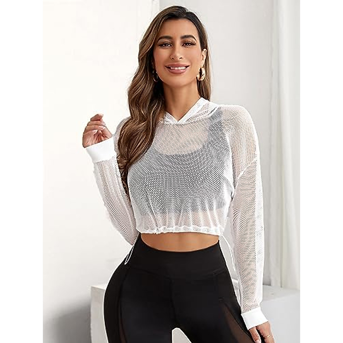 SweatyRocks Women's Activewear Long Sleeve Hollow Out Drawstring Hooded Sweatshirt Sports Crop Top White XL