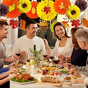 Mauts-inus Fall Thanksgiving Party Decorations -Orange Autumn Hanging Paper Fans Pom Poms Maple Leaves Party Swirls Streamers Lanterns Garlands Fall Banner for Thanksgiving Wedding Birthday