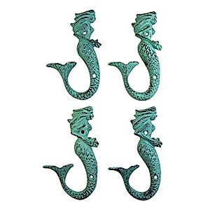 Patina Green Cast Iron Mermaid Wall Hook 6 Inch (Set of 4)