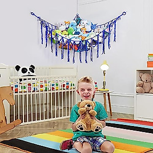 Basumee Stuffed Animals Net or Hammock Toy Storage Organizer Toy Hammock Hanging Stuffed Animals Storage Holder with Tassels for Nursery Kids Bedroom Room Wall Décor, Blue