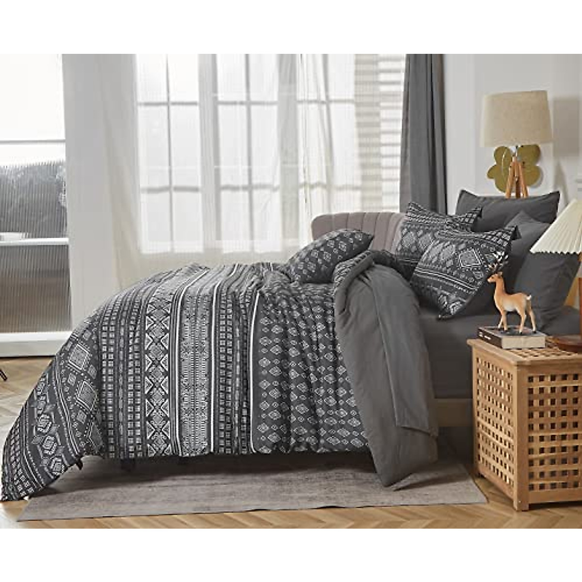 Luxudecor Boho Comforter Set King 8 Piece, Black White Striped Geometric Bed in a Bag, Aztec Comforter Set, Folkloric Art Pattern Bedding Set for All Season(Black, 104''x90'')