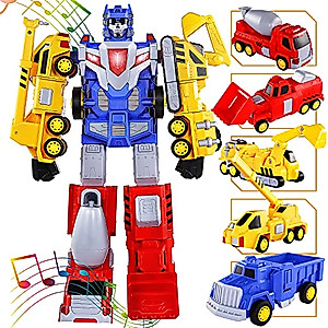 SNAEN Toys for 3 4 5 6 7 Year Old Boys - Construction Vehicles Transform Robot Kids Toys, STEM Building Toddler Toys for Kids Ages 4-8 w/Pull-Back Toys, 5-in-1 Trucks Gifts for Boys Girls