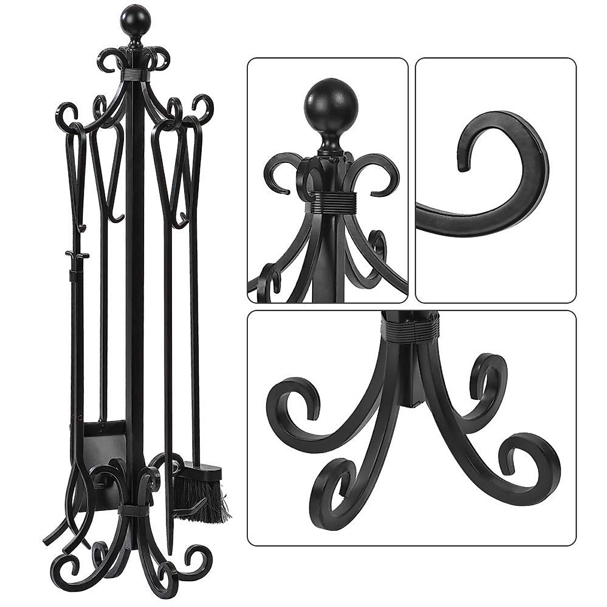 AMAGABELI GARDEN & HOME 5 Pieces Fireplace Tools Set Black Cast Wrought Iron Tool Set with Log Holder Fire Set Stand Scroll Rustic Antique Accessories Set