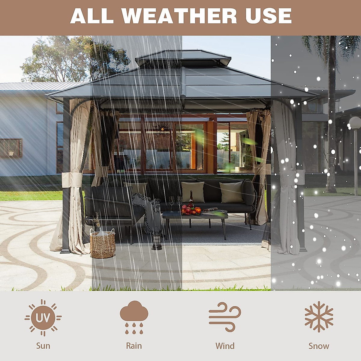 EROMMY 10'x12' Metal Steel Gazebo, Outdoor Aluminum Hadtdop Canopy with Netting and Shaded Curtains, Double Roof Pergolas, Permanent Metal Pavilion for Patio, Backyard, Deck，Lawns，and Pool