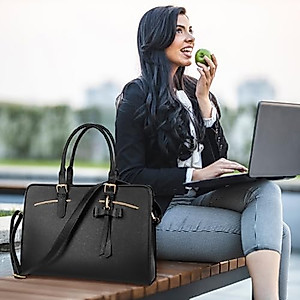 MATEIN 14 Inch Laptop Bag for Women, Lightweight PU Leather Computer Briefcase, Ladies Business Office Work Bag with USB Charging Port, Fashion Waterproof Shoulder Bag Handbags Purse 2pcs Set, Black