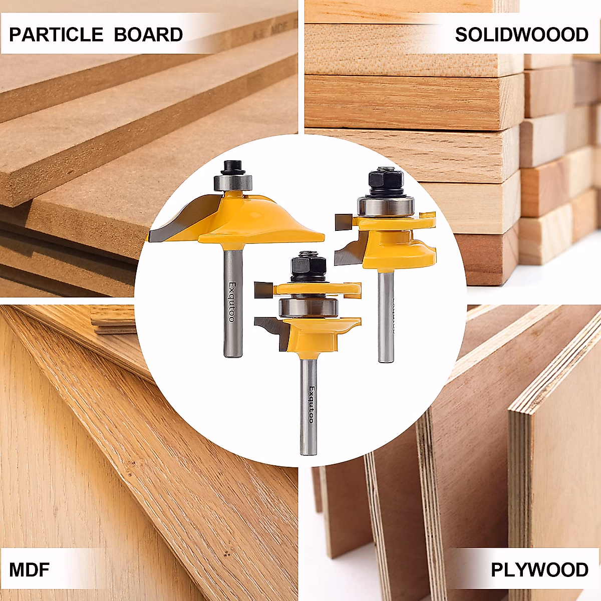 Exqutoo 3PCS 1/4" Shank Router Bit Set, Raised Panel Cabinet Door Making Router Bits, Cemented Carbide Router Bits, Woodworking Tools Router Door & Window Bits (Tenon Joint Cutter Diameter: 1-5/8")