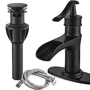 NeierThodore Waterfall Brass Bathroom Faucet Single-Handle One Hole Vanity Sink Faucet Vessel Faucet Basin Mixer Tap with Deck Plate,Matte Black