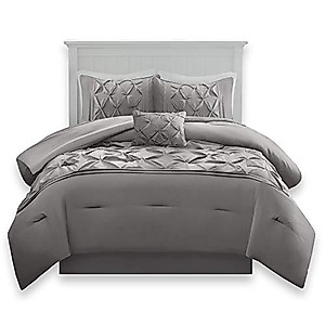 Comfort Spaces Cavoy Comforter Set - Luxe Diamond Tufting, All Season Bedding, Matching Bed Skirt, Decorative Pillows, Queen, Faux Silk Gray 5 Piece