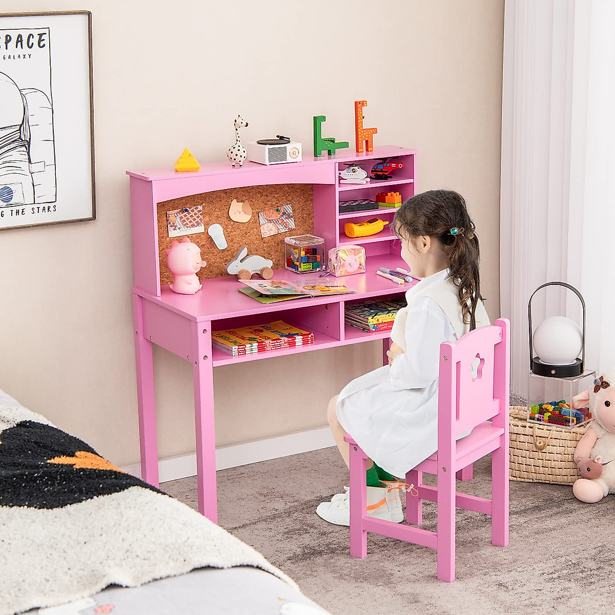 Costzon Kids Desk and Chair Set, Wooden Study Desk for Kids with Storage, Hutch, Cork Bulletin Board, Student Writing Computer Workstation, Kids Desk for Study Room, Bedroom, School, Pink
