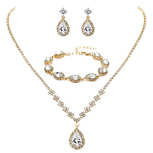 Unicra Bride Crystal Necklace Earrings Bracelet Set Bridal Wedding Jewelry Sets Rhinestone Prom Costume Jewelry Set for Women and Brides (D-3 Pack Gold Necklace Bracelet Earrings)