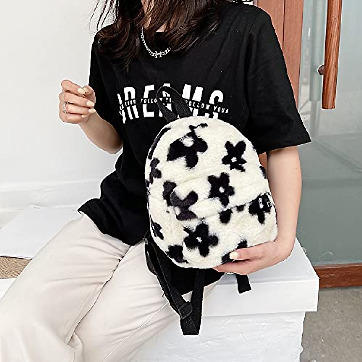 NYASAY Women Faux Plush Tote Bag Backpack, Preppy Style Flowers Printing Casual Knapsack Mini Rucksacks, Black and White, 240x210x10 mm